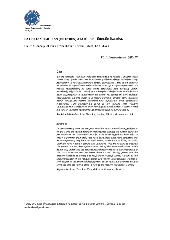 (PDF) Batur Tanrıkut’tan (Mete’den) Atatürk’e Türklük Üzerine