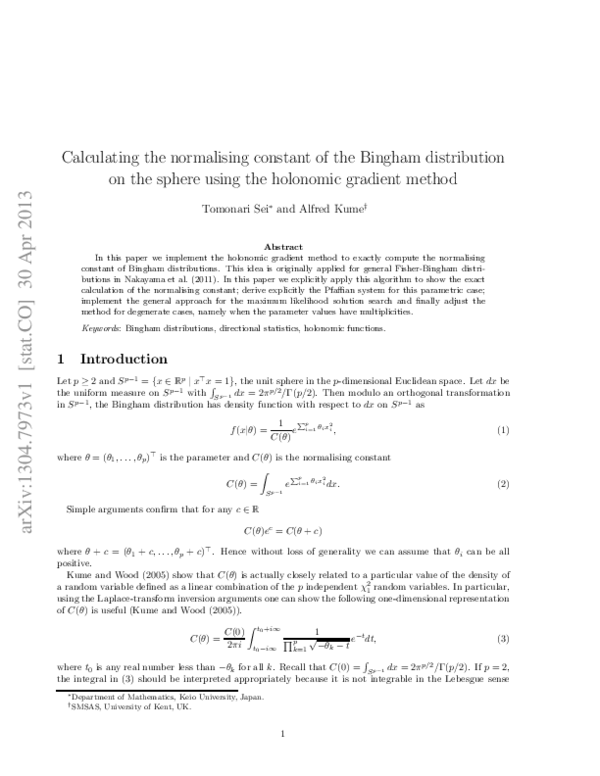 (PDF) Calculating the normalising constant of the Bingham distribution on the sphere using the ...