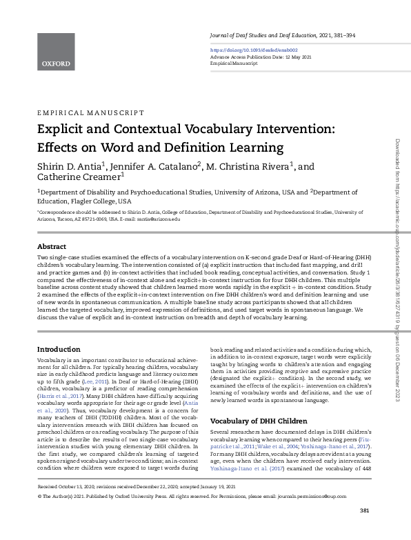 (PDF) Explicit and Contextual Vocabulary Intervention: Effects on Word ...