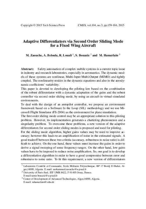 Pdf Adaptive Differentiators Via Second Order Sliding Modefor A Fixed Wing Aircraft