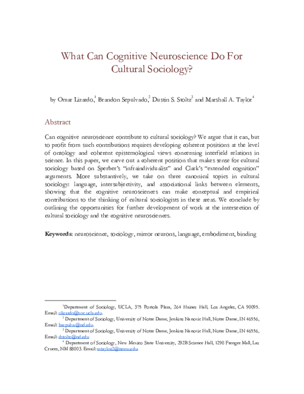 (PDF) What can cognitive neuroscience do for cultural sociology?