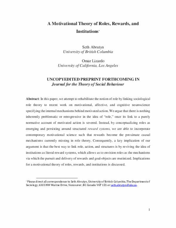 (PDF) A Motivational Theory of Roles, Rewards, and Institutions
