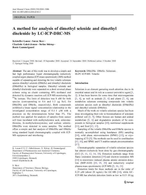 Pdf A Method For Analysis Of Dimethyl Selenide And Dimethyl Diselenide By Lc Icp Drc Ms