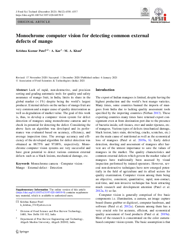 (PDF) Monochrome computer vision for detecting common external defects of mango | krishna patel ...