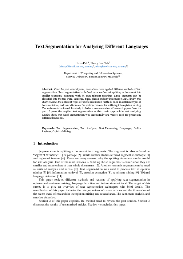 (PDF) Text Segmentation for Analysing Different Languages