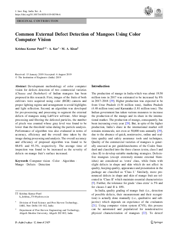 (PDF) Common External Defect Detection of Mangoes Using Color Computer Vision