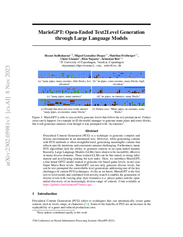 (PDF) MarioGPT: Open-Ended Text2Level Generation through Large Language Models