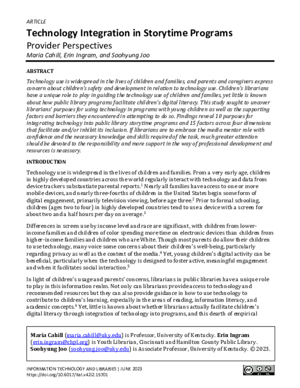 (PDF) Technology Integration in Storytime Programs