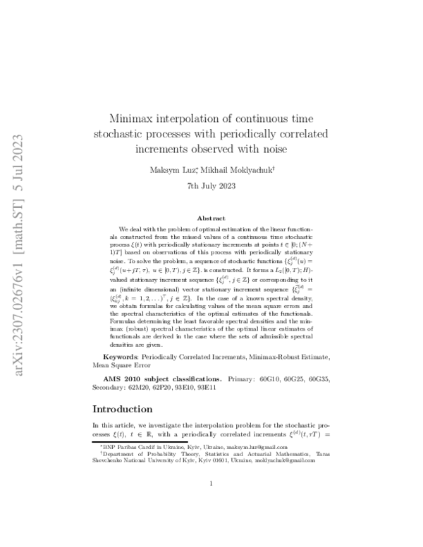 (PDF) Minimax interpolation of continuous time stochastic processes with periodically correlated ...