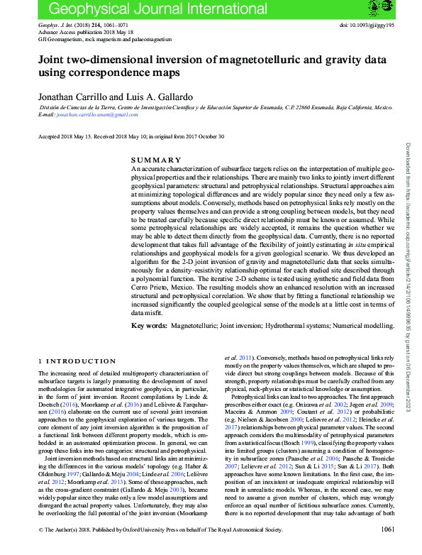 (PDF) Joint two-dimensional inversion of magnetotelluric and gravity data using correspondence maps