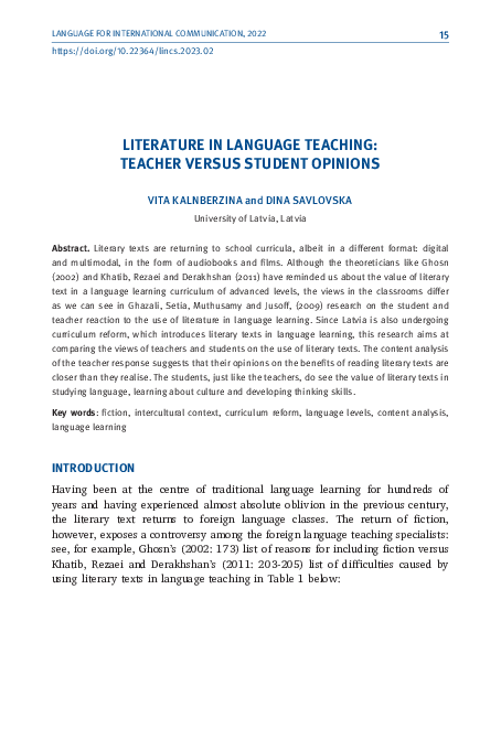 (PDF) Literature in Language Teaching: Teacher Versus Student Opinions