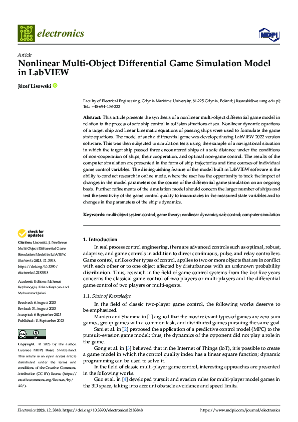 (PDF) Nonlinear Multi-Object Differential Game Simulation Model in LabVIEW | Józef Lisowski ...