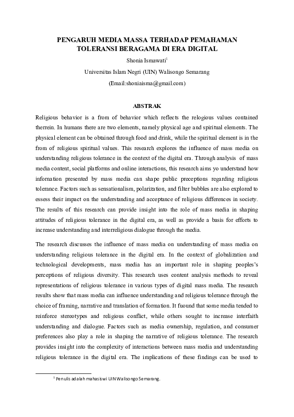 (DOC) PENGARUH MEDIA MASSA TERHADAP PEMAHAMAN TOLERANSI BERAGAMA DI ERA DIGITAL