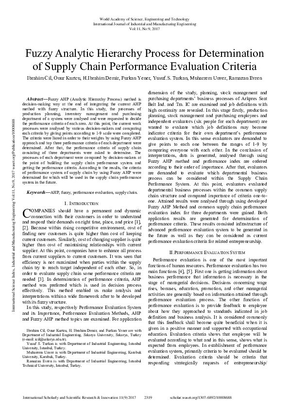 Pdf Fuzzy Analytic Hierarchy Process For Determination Of Supply Chain Performance Evaluation
