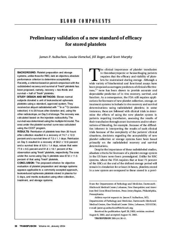 (PDF) Preliminary validation of a new standard of efficacy for stored platelets | louise ...