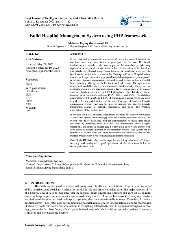 (PDF) Build Hospital Management System using PHP framework