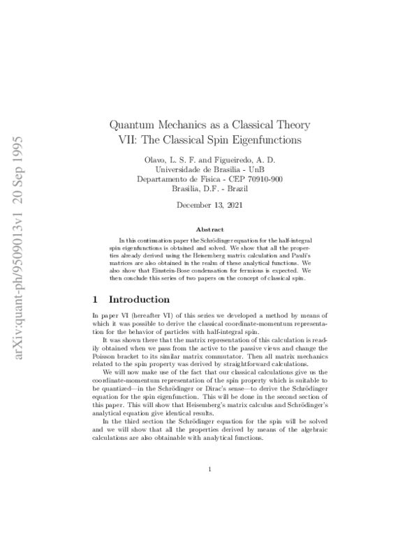 (PDF) Quantum Mechanics as a Classical Theory VII: The Classical Spin Eigenfunctions