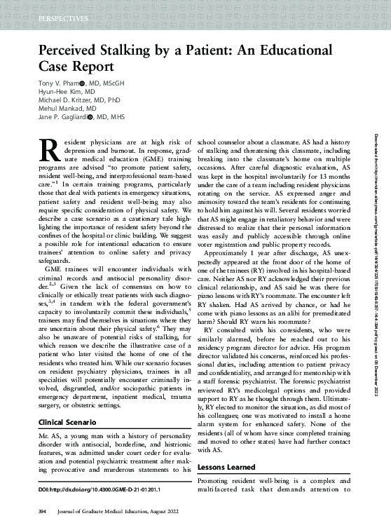 (PDF) Perceived Stalking by a Patient: An Educational Case Report