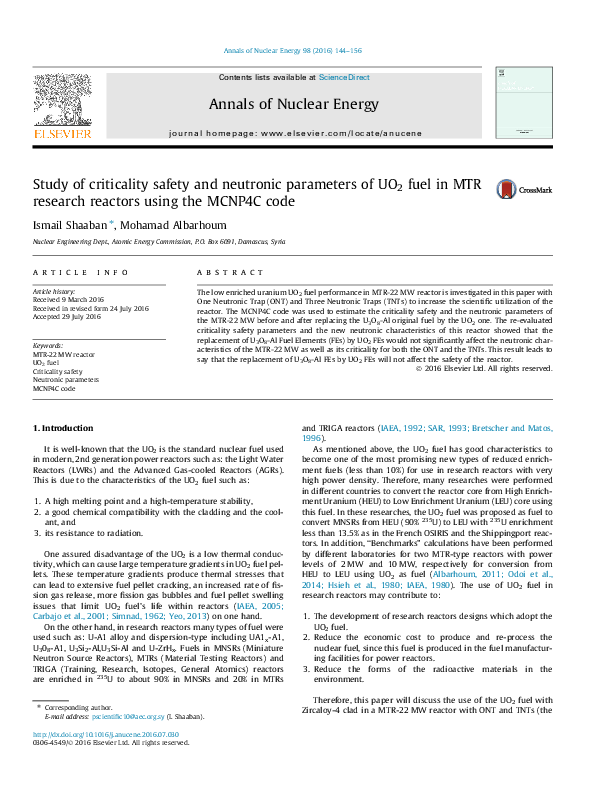 (PDF) Study of criticality safety and neutronic parameters of UO 2 fuel in MTR research reactors ...