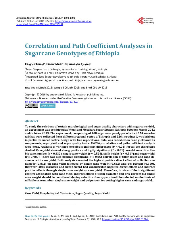(PDF) Correlation and Path Coefficient Analyses in Sugarcane Genotypes of Ethiopia
