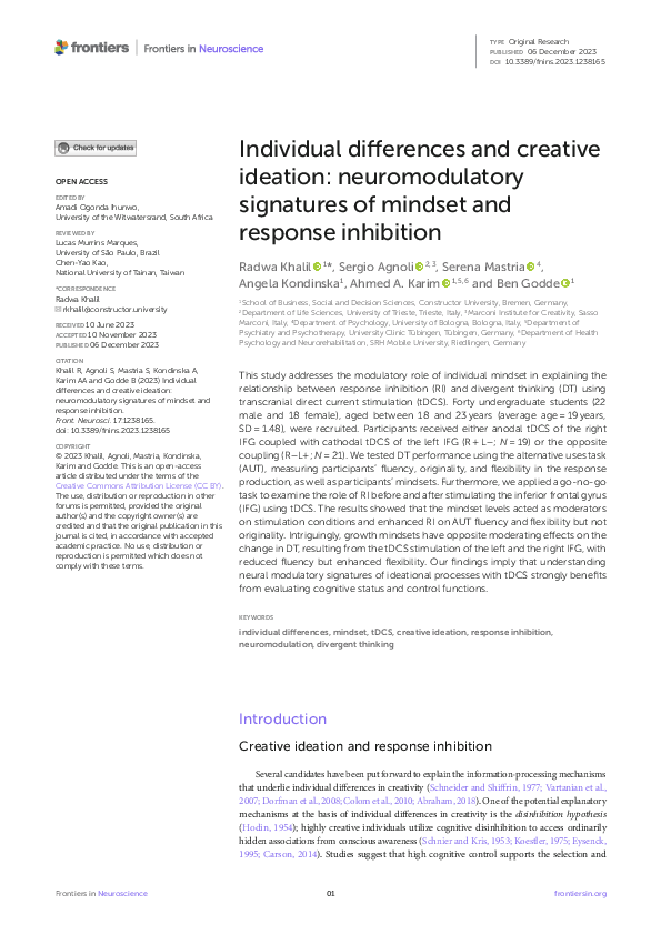 (PDF) Individual differences and creative ideation: neuromodulatory signatures of mindset and ...