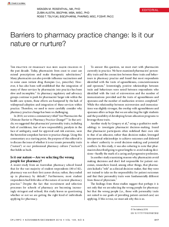 (PDF) Barriers to pharmacy practice change
