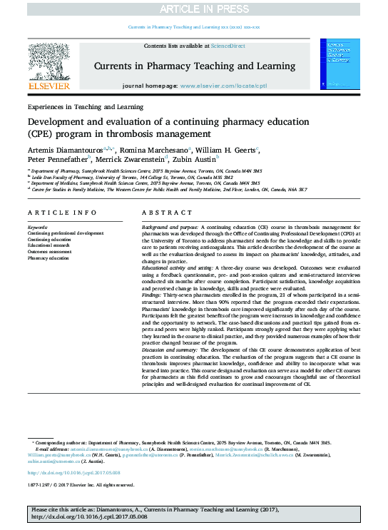 (PDF) Development and evaluation of a continuing pharmacy education (CPE) program in thrombosis ...