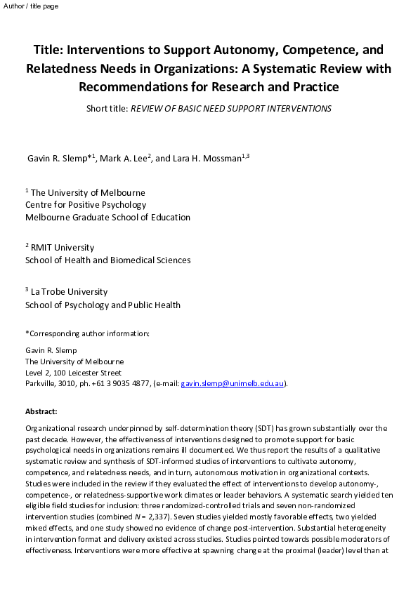 (PDF) Interventions to support autonomy, competence, and relatedness ...