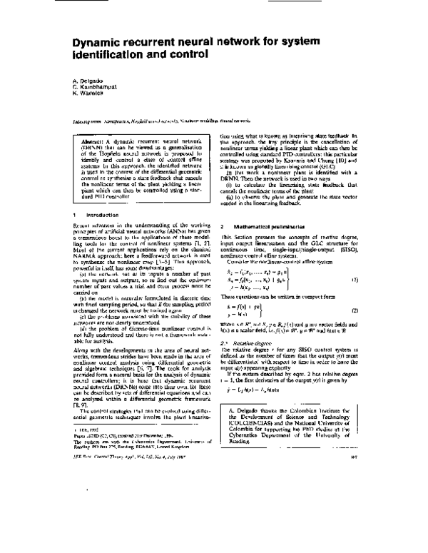 (PDF) Dynamic recurrent neural network for system identification and control | Kevin Warwick ...