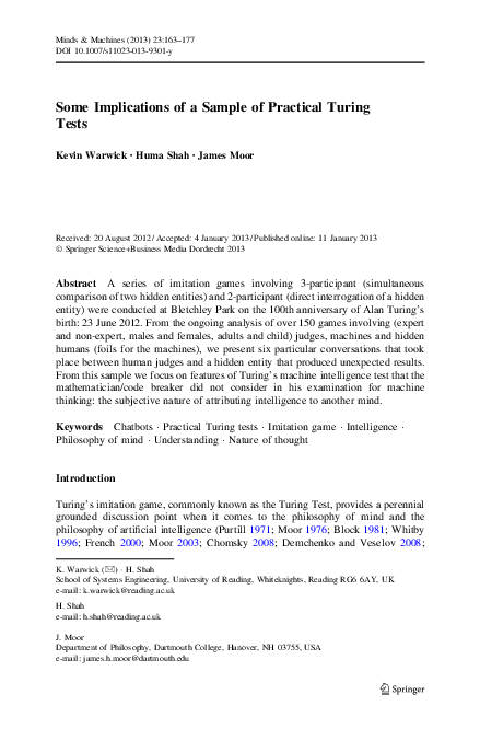 (PDF) Some Implications of a Sample of Practical Turing Tests