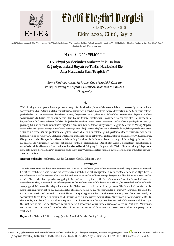 (PDF) 16. Yüzyıl Şairlerinden Mahremi’nin Balkan Coğrafyasındaki Hayatı ...