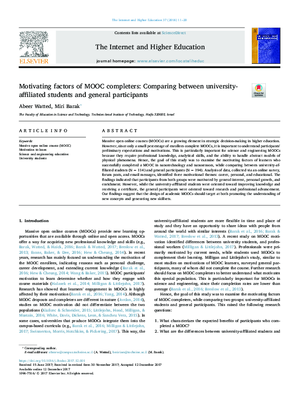 (PDF) Motivating factors of MOOC completers: Comparing between university-affiliated students ...