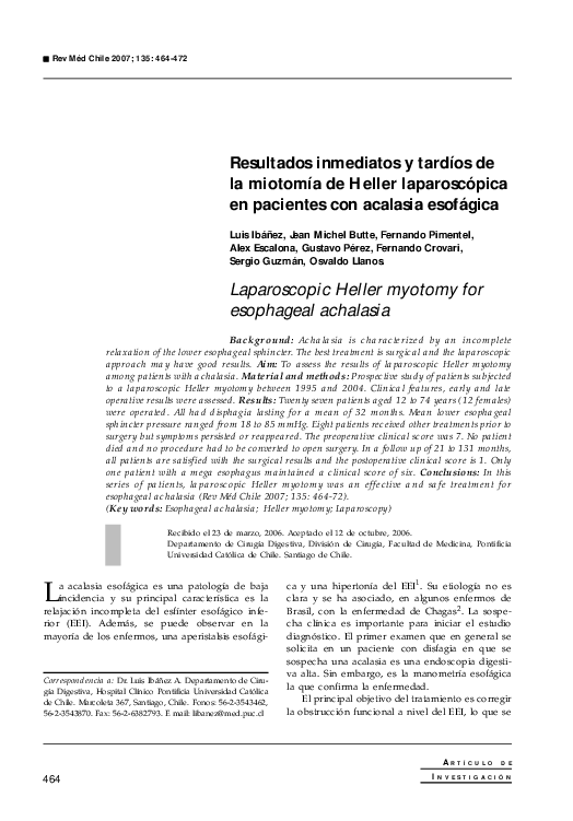 (PDF) Resultados inmediatos y tardíos de la miotomía de Heller ...