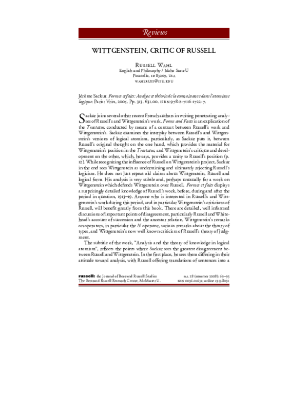 (PDF) Wittgenstein, Critic of Russell