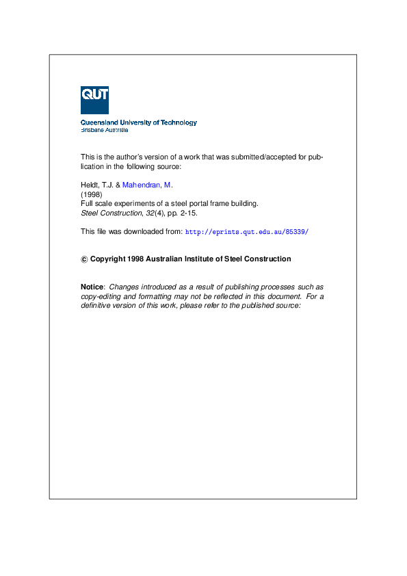 (PDF) Full scale experiments of a steel portal frame building
