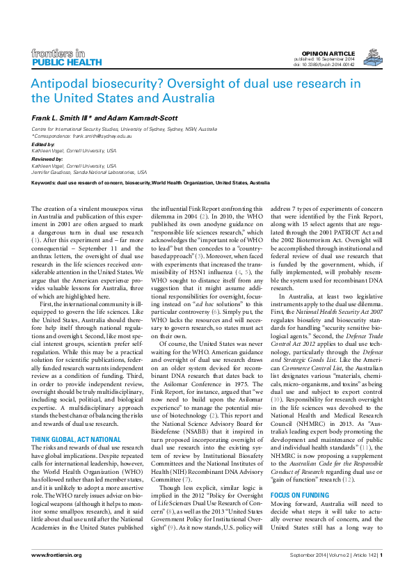 (PDF) Antipodal biosecurity? Oversight of dual use research in the ...