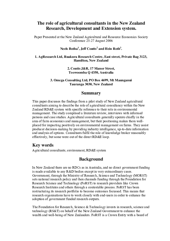 (PDF) The Role of Agricultural Consultants in the New Zealand Research ...