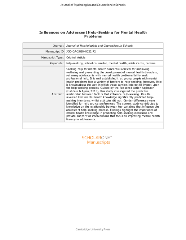 (PDF) Influences on adolescent help-seeking for mental health problems
