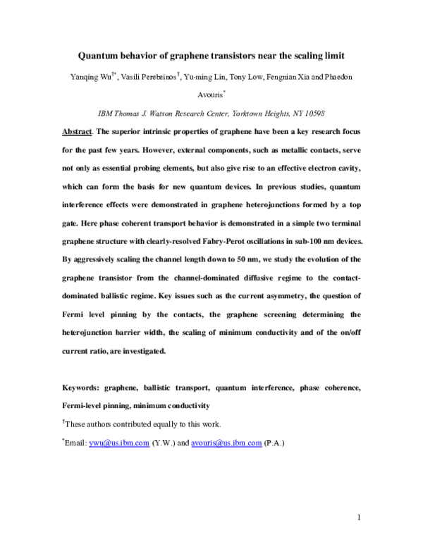 (PDF) Quantum Behavior of Graphene Transistors near the Scaling Limit