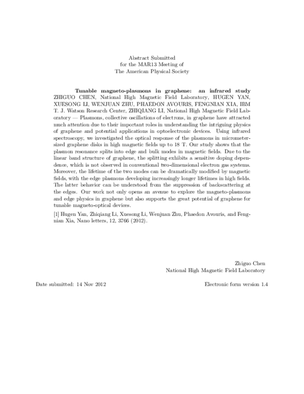 (PDF) Tunable magneto-plasmons in graphene: an infrared study