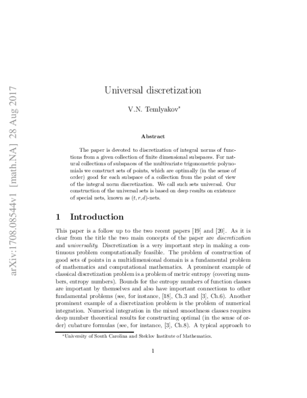 (PDF) Universal Discretization in Integral Norms for Functions