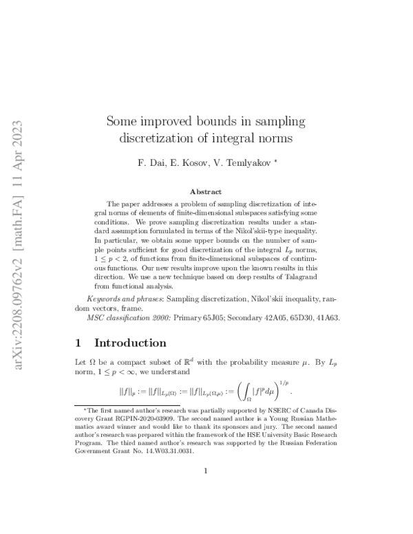 (PDF) Some improved bounds in sampling discretization of integral norms (PDF) Some improved bounds in sampling discretization of integral norms