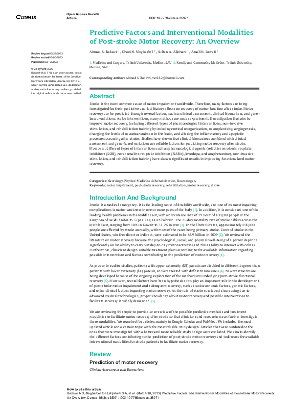 (PDF) Predictive Factors and Interventional Modalities of Post-stroke ...