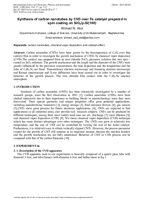 (PDF) Synthesis of Carbon Nanotubes by CVD over Fe Catalyst Prepared in ...