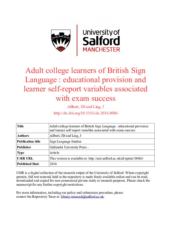 (PDF) Adult College Learners of British Sign Language: Educational ...
