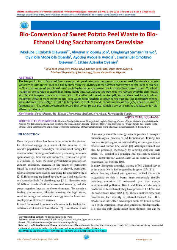 (PDF) Bio-Conversion of Sweet Potato Peel Waste to BioEthanol Using ...