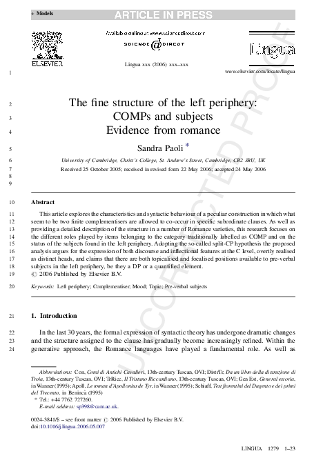 (PDF) The fine structure of the left periphery: COMPs and subjects