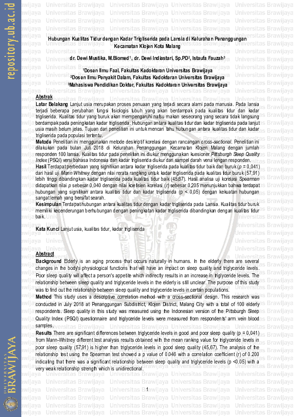 (PDF) Hubungan Kualitas Tidur dengan Kadar Trigliserida pada Lansia di Kelurahan Penanggungan ...