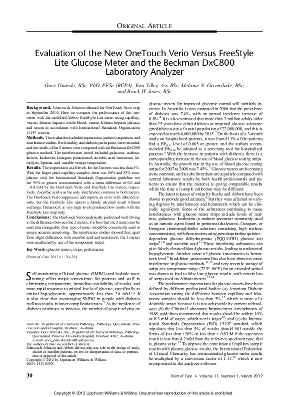 (PDF) Evaluation of the New OneTouch Verio Versus FreeStyle Lite ...
