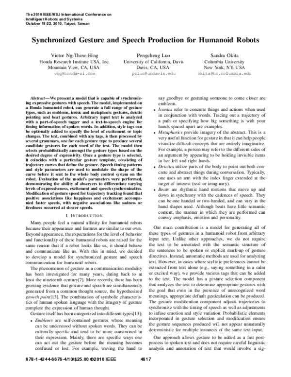 (PDF) Synchronized gesture and speech production for humanoid robots